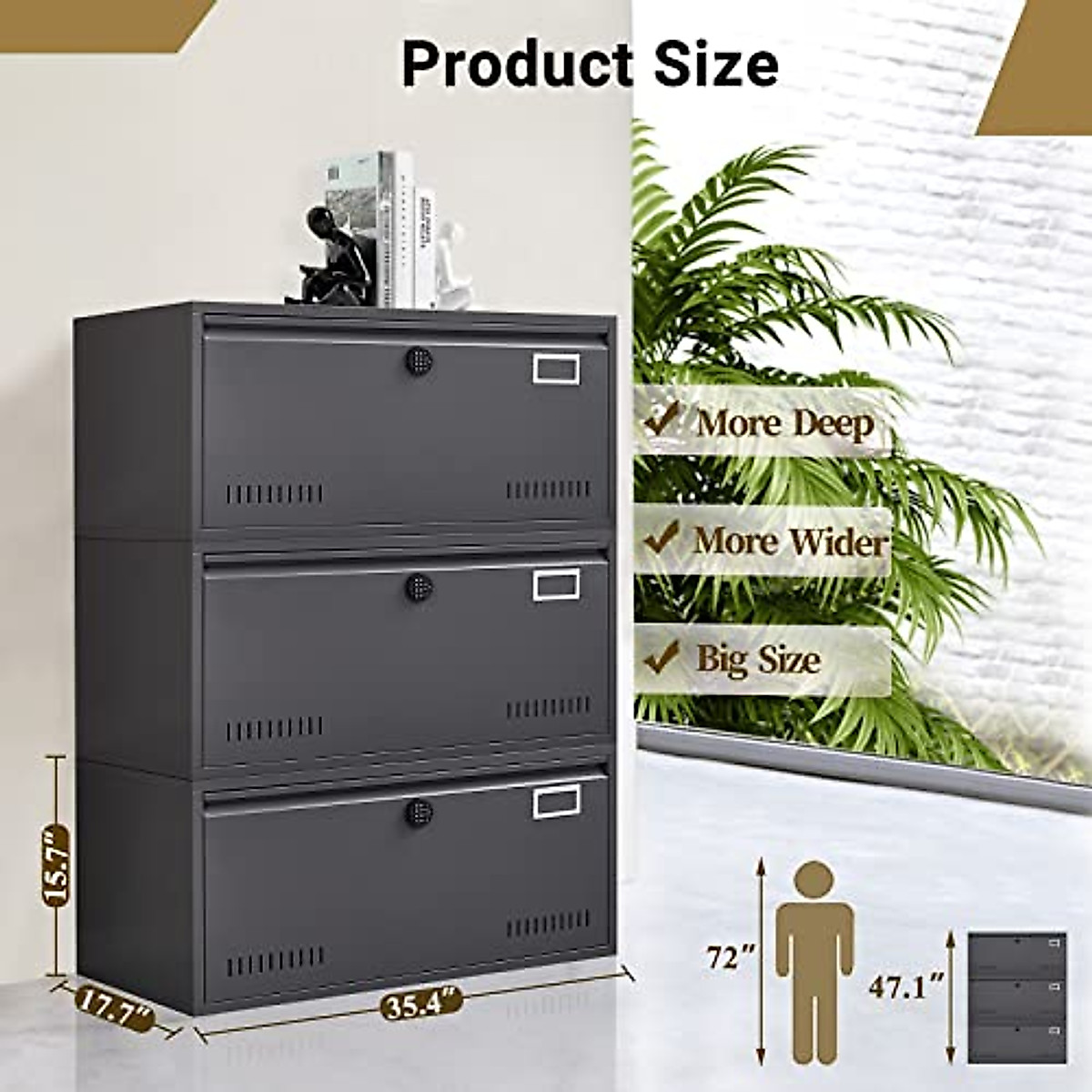 KAER Metal Lateral File Cabinets with Lock,Drawer Large Metal Filing Cabinet,Lateral File Cabinet, for A4 Legal/Letter Size,Home Office Furniture,Metal Steel
