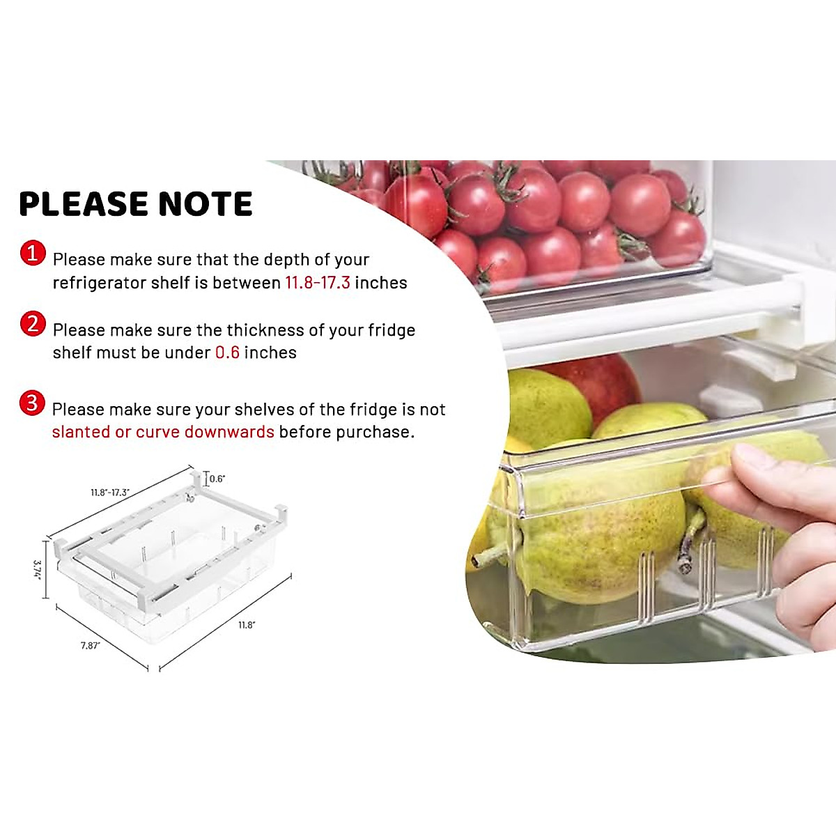 CESHRR Fridge Organizer Drawer, Refrigerator Drawer Organizer, Pull Out with Handle,Pull Out Shelf Storage Transparent Organizer for Egg,Fruit,Vegetable,Seafood,Beef-4 compartments