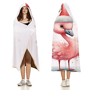 Hooded Blankets Flamingos Wear Santa Hats Wearable Hooded Blanket Cape Winter Flamingo Fleece Blanket Cloak Cape Blanket Fit for Kids Adults Teens for Couch Bed 40"x50" Spring Summer Blanket Hoodie