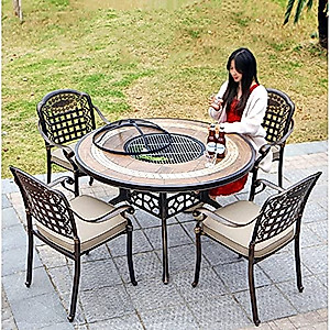 QHYXT Outdoor Fire Pit 122cm/48 Garden Grill Table - Wood Burning Fire Pit, Aluminum Round Indoor and Outdoor Table and Chair Set-with 4 Chairs, Suitable for Garden Terrac