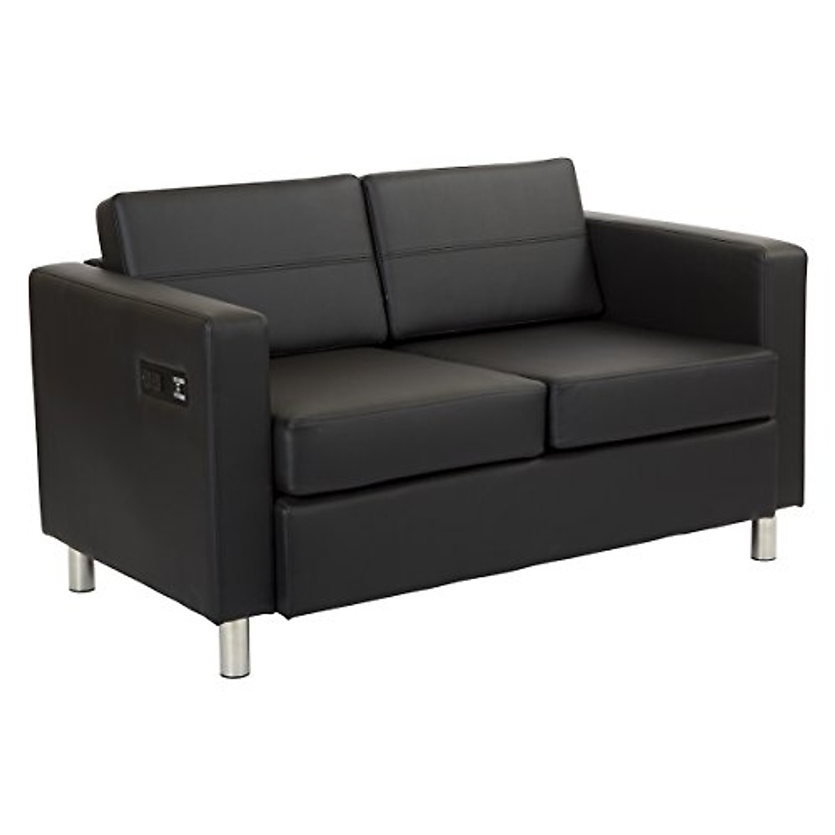 AVENUE•SIX Office Star Atlantic Vinyl Loveseat with Built-in Dual AC and USB Charging Station and Silver Finish Legs, Dillon Black