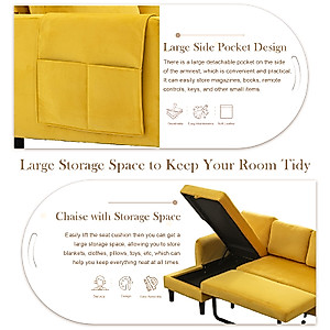 Modern Velvet Pull Out Sleeper Sofa Bed with Chaise, Comfy L Shaped Convertible Sleeper Couch with Storage and Pocket, Sectional 3 Seat Couch for Living Room Furniture or Office, Smooth Back - Yellow