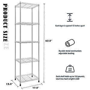YisanCrafts 5 Tier Fixed Layer Spacing Storage Shelf Metal Storage Rack Wire Shelving Unit Storage Shelves Metal 660Lbs Capacity 17" L x 13" W x 63" H for Pantry Closet Kitchen Laundry Grey
