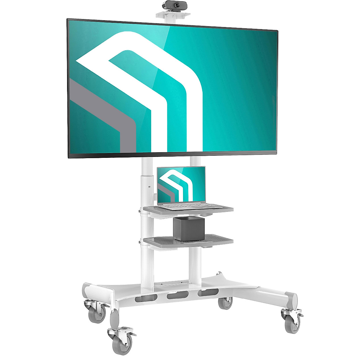 ONKRON Mobile TV Stand on Wheels for 50-86 Inch TVs up to 200 lbs, Height Adjustable TV Stand Portable max VESA 800x500 TV Moving Stand/Rolling, Mobile TV Cart with Shelves White