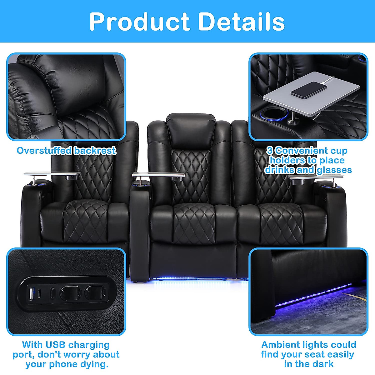 Weilianda Home Theater Seating Top Grain Leather Loveseat Recliner Chair Dual Power Movie Gaming Sofa Electric Headrest with Tray Table Type-C USB Charge (Row of 3 Loveseat Right, Black)…