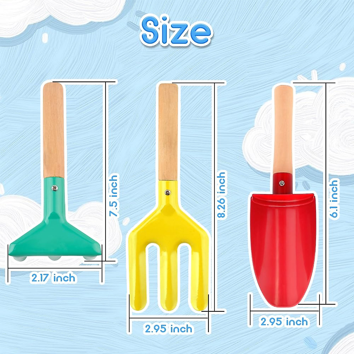 UMUACCAN 6 Piece Kids Beach Tools,Children Beach Sand Toys, Made of Metal with Sturdy Wooden Handle,Safe Beach Gardening Set,Spoon, Fork, Trowel, Rake & Shovel, Gifts for Kids