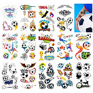 Qpout 14 Sheets Soccer Temporary Tattoos Soccer Ball Tattoos for Kids Boys World Cup Soccer Fake Tattoo Sticker, Children Birthday Party Bag & Stocking Filler Kids Game Gifts Party Favour Supplies