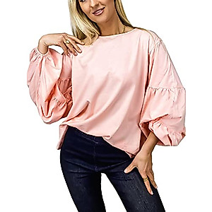 Anna-Kaci Womens Long Lantern Sleeve Soft Loose Baggy Tops T-Shirt Pullover, Rose, Small