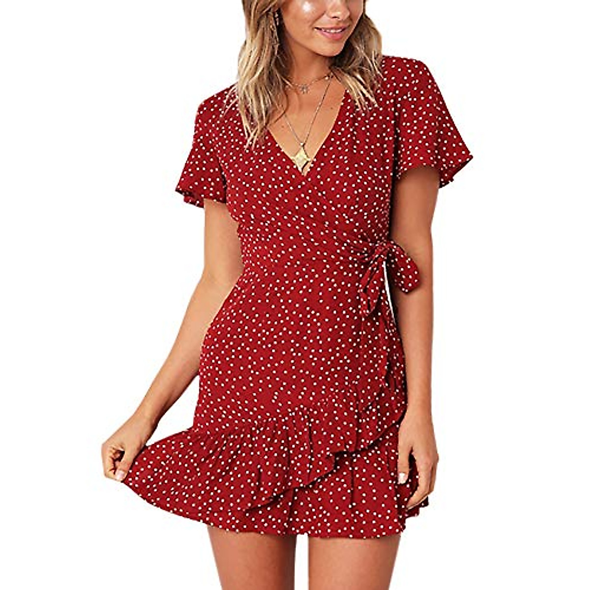 Women's Summer Short Sleeve Wrap Dress Polka Dot Floral Print V Neck Waisted Layer Ruffle Hem Mini Dresses (Red, Medium)