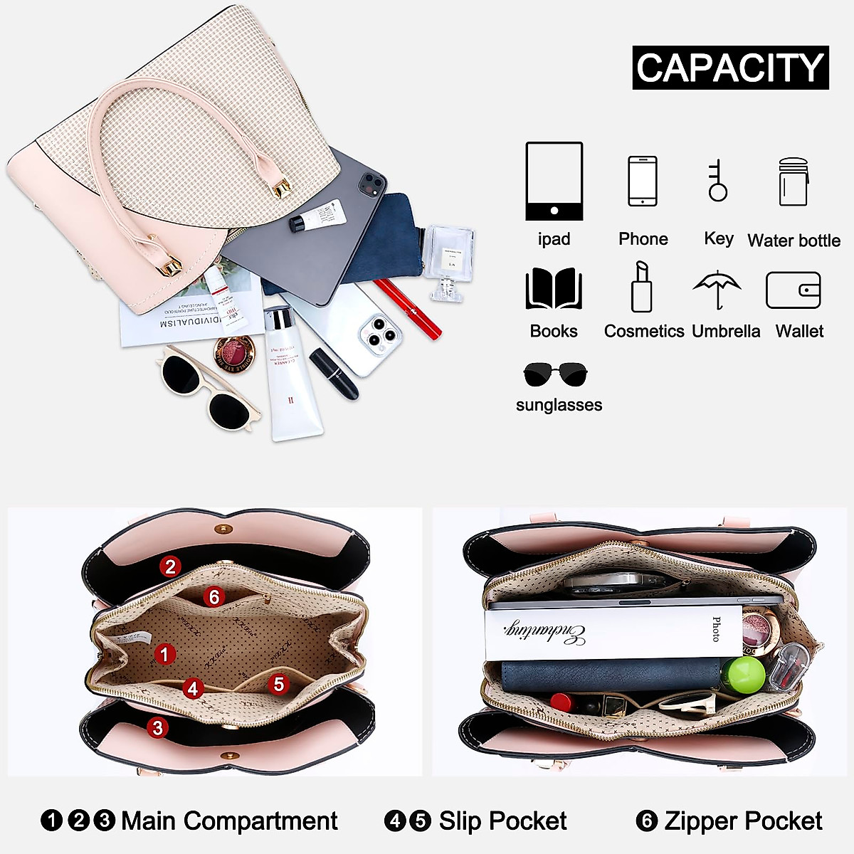 KKXIU Triple Compartments Purses and Handbags for Women Fashion Ladies Satchel Shoulder Top Handle Bag (1-Black)