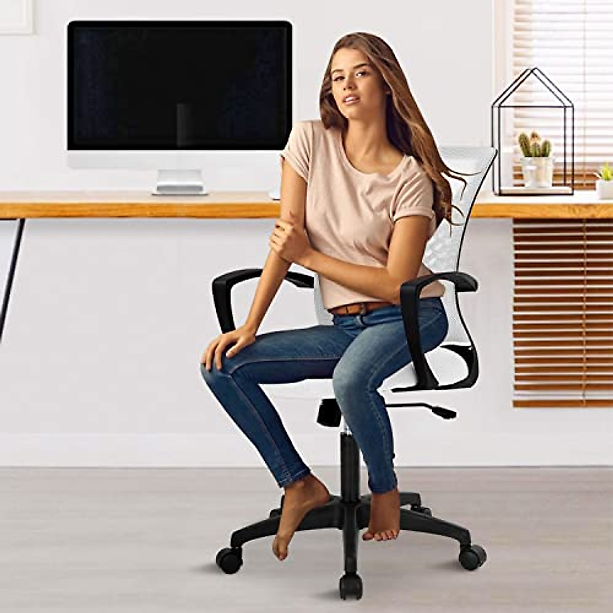 CL.Store Ergonomic Office Chair Home Desk Mesh Computer with Lumbar Support Armrest Modern Executive Rolling Swivel Task Work Mid Back Adjustable (White), MC-GF411-White