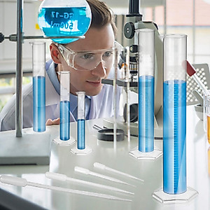 Lurrose Graduated Cylinders Set 5 Plastic Measuring Cylinders Lab Test Tube 250ml, 100ml, 50ml, 25ml, 10ml with 4 Droppers 2 Tube Brushes for Science Projects School