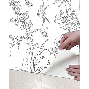 HomKihapai Vintage Wallpaper- Black and White Wallpaper Floral Peel and Stick Wallpaper Modern Bird Wallpaper for Bathroom Waterproof Contact Paper (Black and White, 118"X17.4")