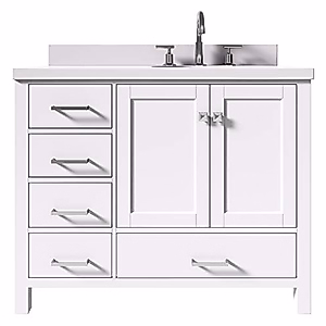 ARIEL Bathroom Vanity 43" Inch in White with Pure White Quartz Countertop, Right Offset Oval Sink 2 Soft Closing Doors and 5 Full Extension Dovetail Drawers, No Mirror