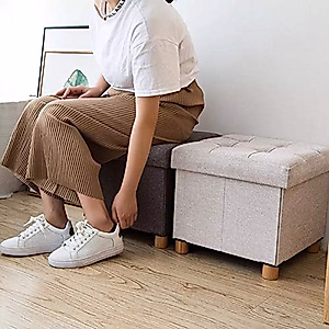 BRIAN & DANY Foldable Storage Ottoman Footrest and Seat Cube with Wooden Feet and Lid, Khaki 15” x15” x14.7”