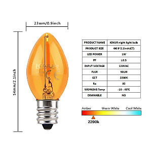 KINUR Night Light Bulbs, C7 LED Bulbs E12 Candelabra Base Amber 2200K, 1 Watt Equivalent 10W Incandescent Bulb, Salt Lamp and Window Candles & Chandeliers Replacement Bulb 6 Pack (6, Amber)