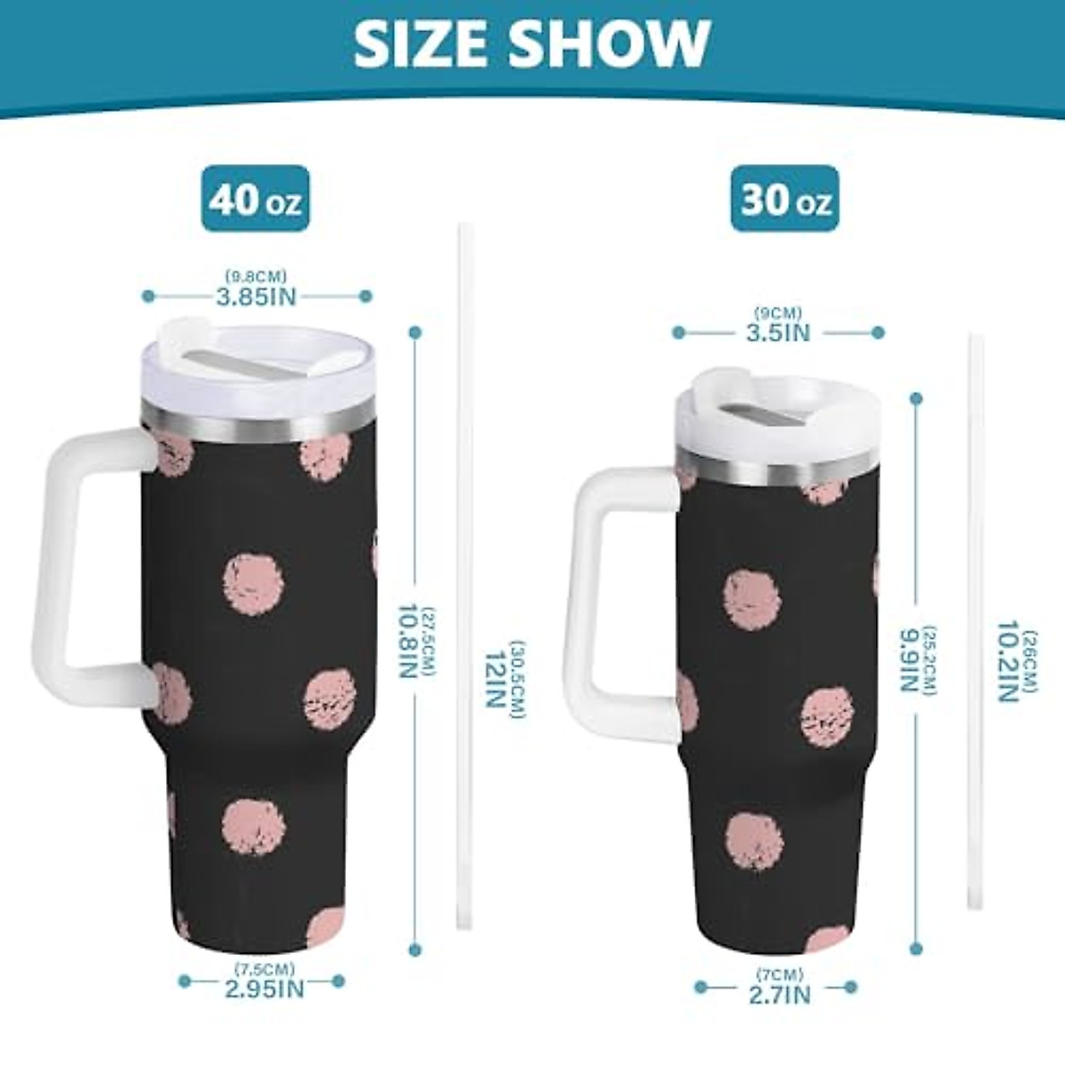 Stainless Steel Tumblers 40 Oz with Straw and Handle, Pink Polka Dots Black Vintage Travel Coffee Tumbler