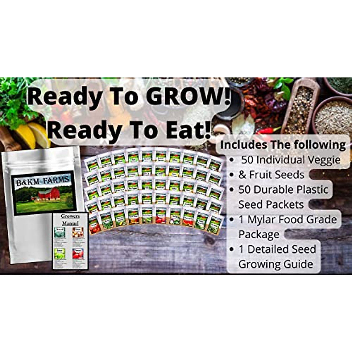 50 Vegetable & Fruit Seeds for Planting Your Outdoor & Indoor Home Seed Garden, Survival Gear Kit Includes 50,000 Seeds A Growing Guide & Mylar Package Gardening Heirloom Non-GMO Veggie Seed B&KM Farm