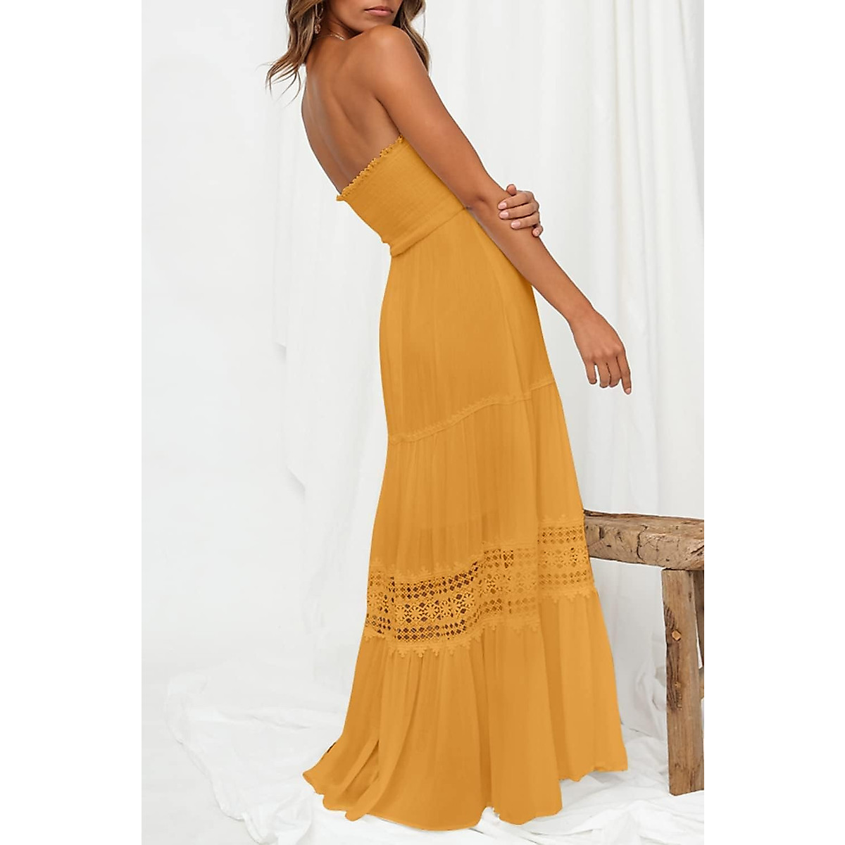 ZESICA Women's 2025 Summer Bohemian Strapless Off Shoulder Lace Trim Backless Flowy A Line Beach Long Maxi Dress,Yellow,Large