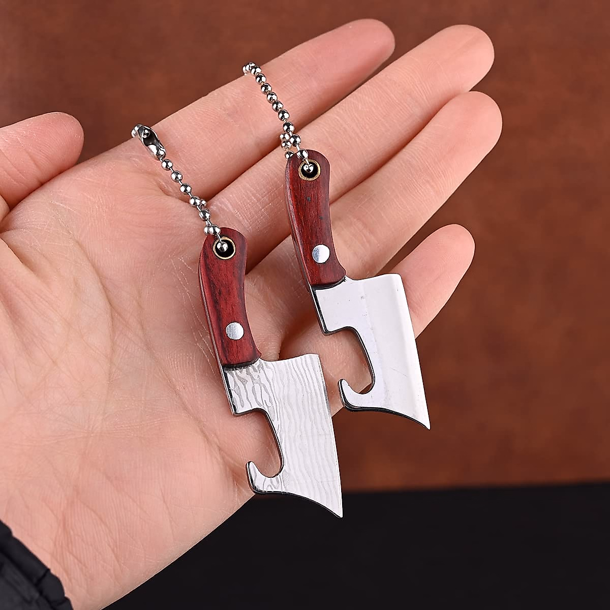 NBGDY Mini Pocket Damascus Knife keychain Set,Tiny Chef Knife Set for Package Opener ，Box Cutter， Beer Bottle Opener -2pcs(kpq-1037)