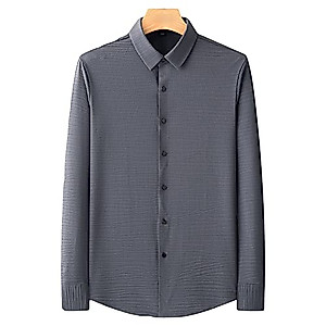 Maiyifu-GJ Men Jacquard Casual Dress Shirt Regular Fit Button Down Business Shirts Solid Turn-Down Collar Long Sleeve Shirts (Grey,56)