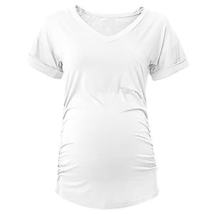 SUNNYBUY 3 Pack Womens Maternity Tops Side Ruched Maternity Shirts Pregnancy Clothes V Neck,Black&White&Green-M