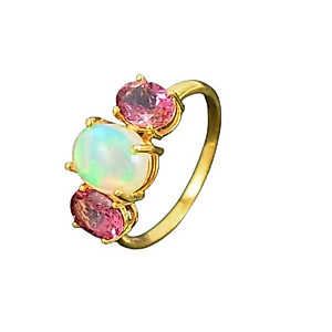 925 Sterling Silver Gold plated Natural Ethiopian Opal With Pink Zirconia Gemstone Ring Jewelry (12.5)