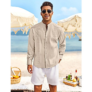 COOFANDY Men's Linen Beach Shirt Shirts Casual Long Sleeve Button Down Linen Cuban Camp Collarless Solid Shirt Khaki