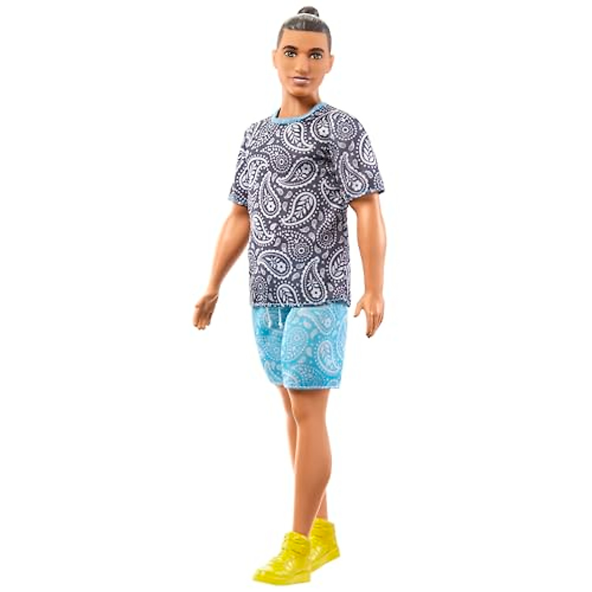 Barbie Ken Doll, Kids Toys, Fashionistas, Brown Hair in Bun, Paisley Tee and Shorts, Clothes and Accessories