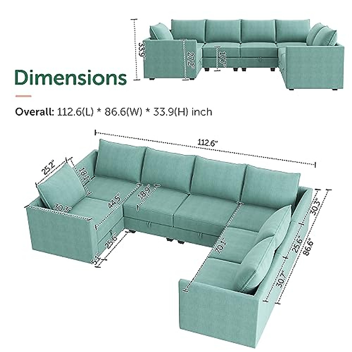 HONBAY Reversible Modular Couch Modern Polyester Sectional Sofa with Chaise & Storage Seat 112'' U-Shaped Couch for Living Room, Aqua Blue