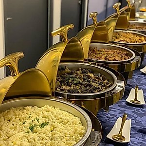HONHPD Gold Stainless Steel Chafing Dish 1 Packs, 6.5 Quart Round Chafer, Roll Top Chafer for Catering Buffet Warmer Set with Pans and Fuel Holders
