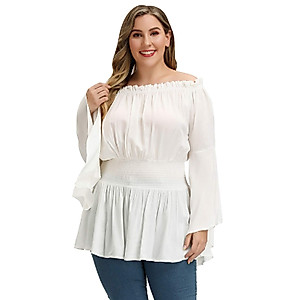 Hanna Nikole Womens Plus Size Off Shoulder Bell Sleeve Ruffle Blouses Tunic Shirts Ivory 22W