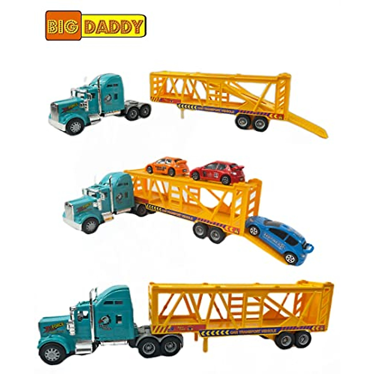 Big Daddy Heavy Duty Tractor Trailer Race Car Carrier Toy Truck with 3 Cars Bundle