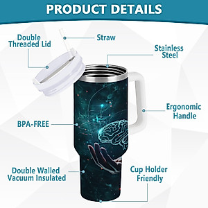 ODAWA AI Brain Hand Coffee Tumbler with Handle Double Wall Tumbler Reusable Stainless Steel Cups