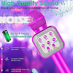 KIDWILL Wireless Bluetooth Karaoke Microphone for Kids, 5-in-1 Portable Handheld Karaoke Mic Speaker Player Recorder with LED Lights for Kids Girls Boys Teens Birthday (1818-Hot Pink)