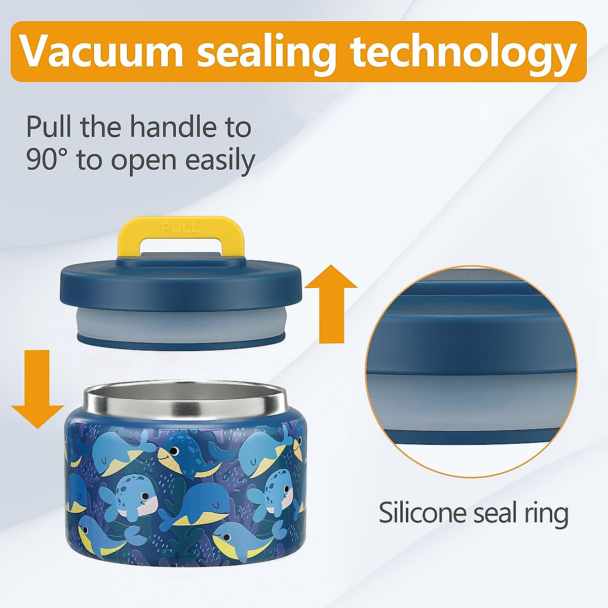 PIQUEBAR 8oz Kids Thermo for Hot Food,Small Lunch Thermos Food Container Stainless Steel,Easy Open Wide Mouth Thermo for Hot Cold Food for Preschool Travel (Blue Whale)