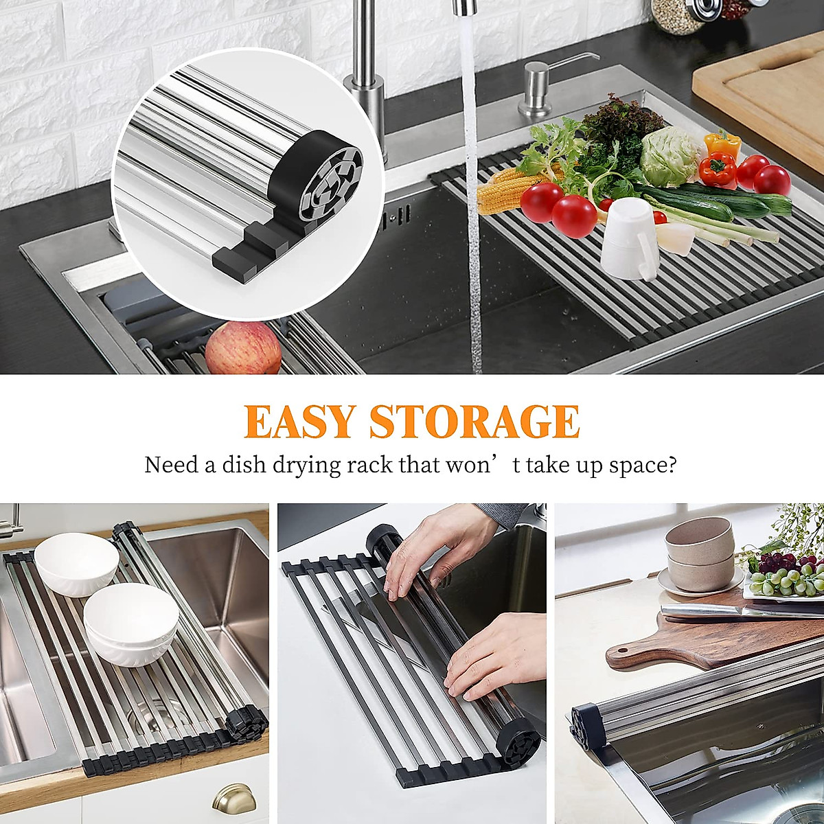 G-TING Dish Drying Rack 17.5" x 15", Over Sink Roll Up Large Dish Drainers Rack, Multipurpose Foldable Kitchen Sink Rack Mat Stainless Steel with Silicone Rims for Dishes, Cups, Fruits Vegetables