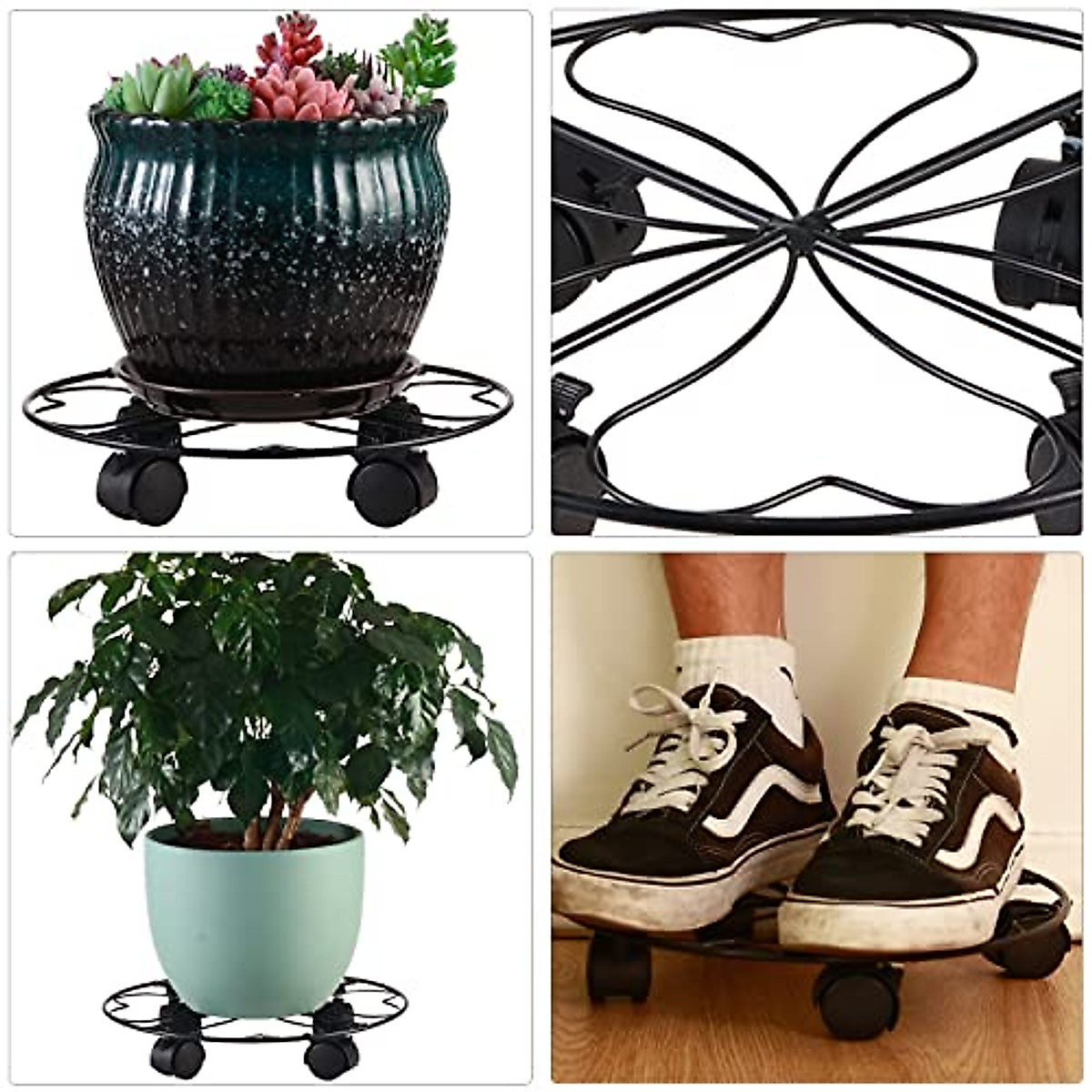 4 Packs Metal Plant Caddy with Wheels 12” Heavy-Duty Wrought Iron Rolling Plant Stands with Casters Indoor and Outdoor Plant Pot Roller Base Plant Movers Saucers with Wheels, Glossy Black