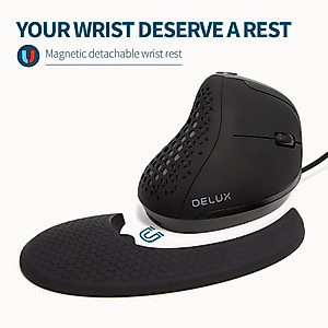 DeLUX Seeker Wired Ergonomic Vertical Mouse with Thumb Wheel, Optical Computer Mouse with 6 Programmable Buttons, 4000 DPI, LED Backlight, Removable Wrist Rest for Carpal Tunnel(M618XSU-Black)