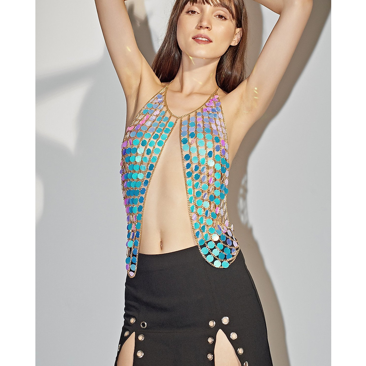 Ingemark Sexy Harness Waist Bikini Chain Bra Body Chain Shoulder Necklace for Women Gold Silver Sequin (Acrylic Colorful Sequin)