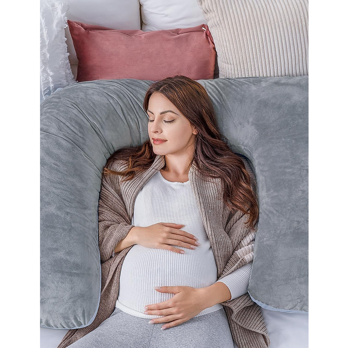 AngQi Body Pregnancy Pillow,L-Shaped Pregnancy Pillow for Side Sleepers,Maternity Body Pillow with Velvet & Jersey Cover, Gray＆Blue