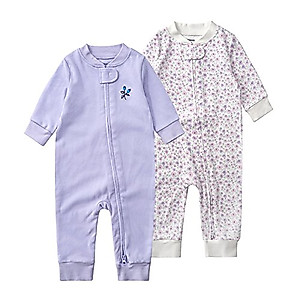 Teach Leanbh Baby 2-Pack 100% Cotton Romper Jumpsuits Two Way Zipper Long Sleeve Footless Sleep and Play (Purple Floral, 6-12 Months)