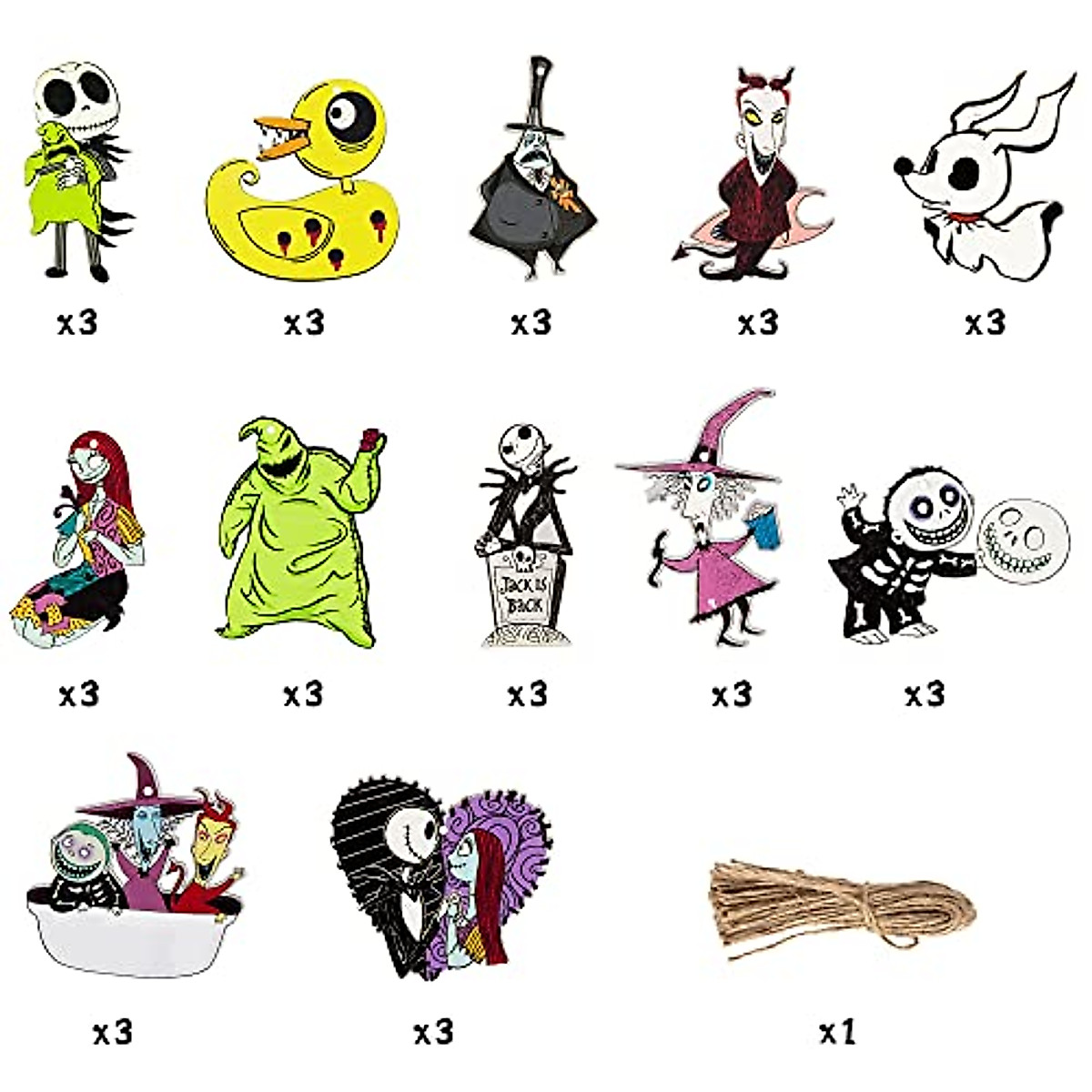 37Pcs Halloween Christmas Nightmare Sally Wooden Hanging Ornament Decoration, Halloween Witch Pumpkin King Jack Ghoul Zombie Bride Theme Party Decor for Jack and Sally Halloween Party Supplies