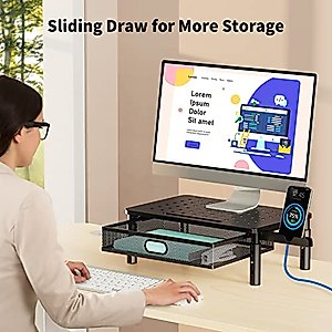 Zimilar Monitor Stand Riser with Metal Mesh Drawer, Height Adjustable Monitor Riser with Phone Holder for Computer, Laptop, Printer, Notebook, Premium Metal Computer Monitor Stand with Storage