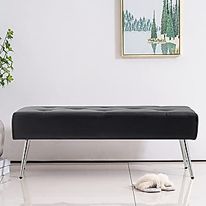 Furnimart Faux Leather Bench Ottoman, Tufted Button Bedroom Benches Footrest in Solid Metal Legs, Long and Dining Bench, Indoor Bench for Entryway Living Room Bedroom (Leather-Black)