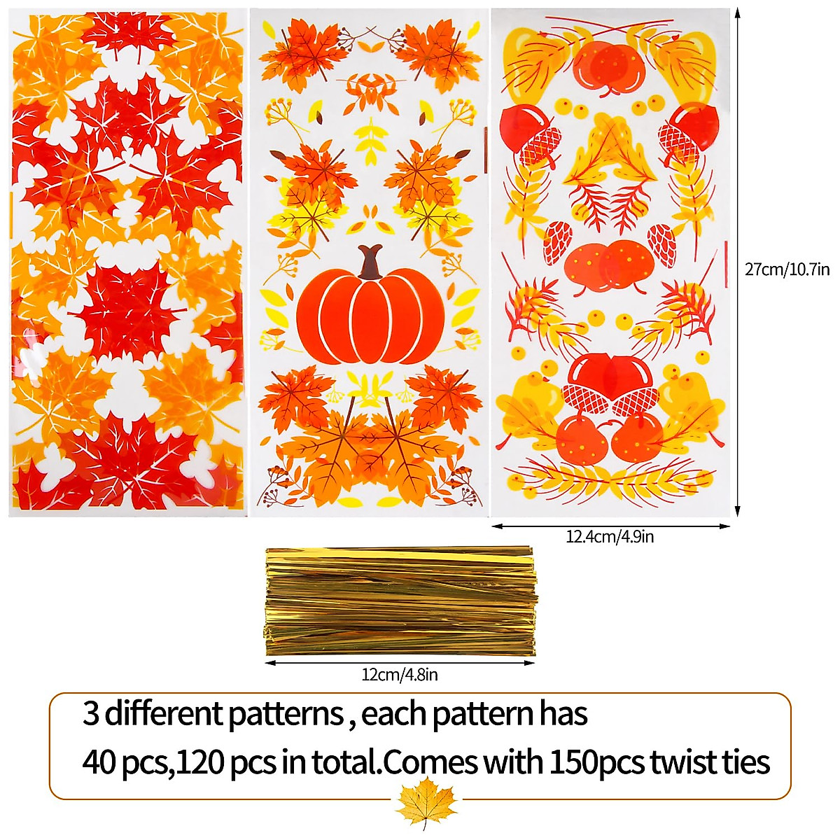 DIYASY Fall Cellophane Treat Bags,120 Pcs Autumn Maple Leaves Pumpkin Candy Bags with Twist Ties for Thanksgiving Party Favor and Holiday Goodies Wrapping