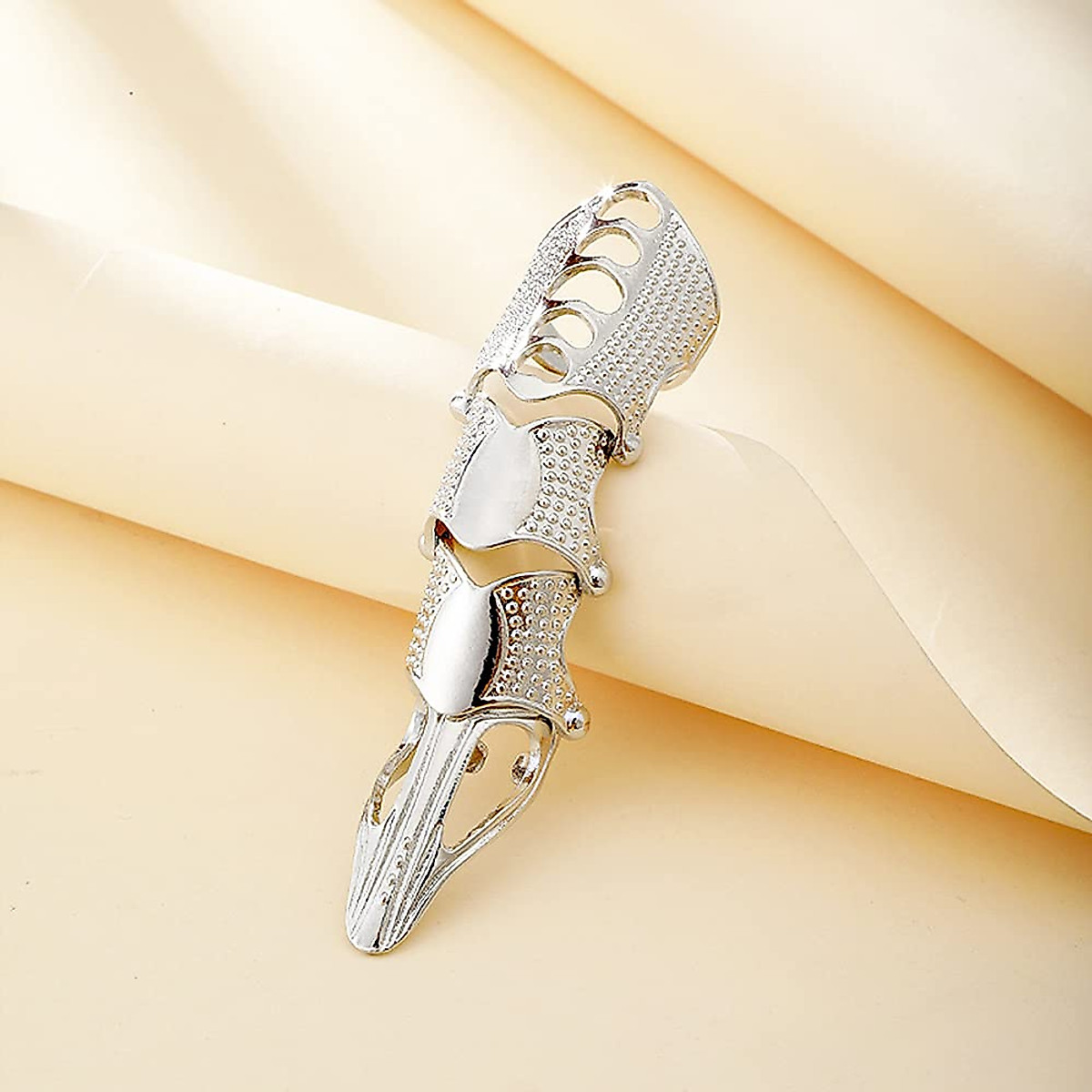 HSQYJ Retro Finger Armor Knuckle Rings Adjustable Punk Rock Full Finger Double Loop Long Ring Halloween Cosplay Costume Accessories for Women (Silver)