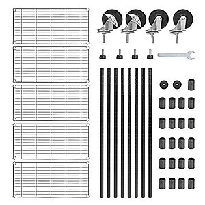 WDT 5-Shelf Shelving Units on Wheels Casters, Adjustable Heavy Duty Metal Shelf Wire Storage Rack for Home Office Garage Kitchen Bathroom Organization(16”Wx36”Dx75”H), Black