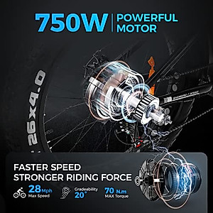 SAMEBIKE 750W Fat Tire Electric Bike 26'' Electric Mountain Bike 48V 15AH Battery with 3A Fast Charger, 28MPH Adult Electric Bicycles Suspension Fork, Shimano 7 Speed Shifting for Trail Riding