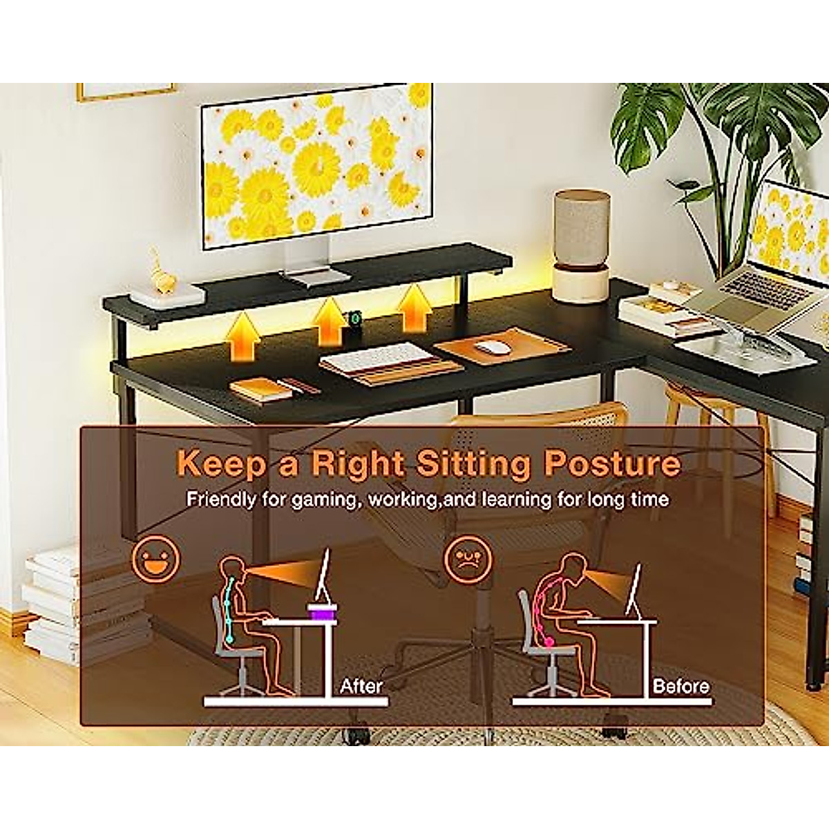 ODK L Shaped Desk with Monitor Stand, 53 inch Reversible Computer Desk, Corner Desk Home Office Desk, Writing Desk Gaming Desk, Black